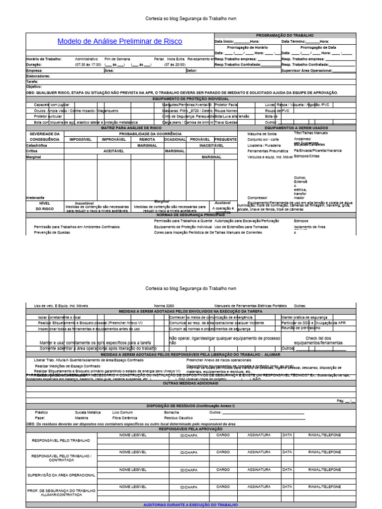 Modelo de APR - Análise Preliminar de Risco - 3 | PDF | Desperdício