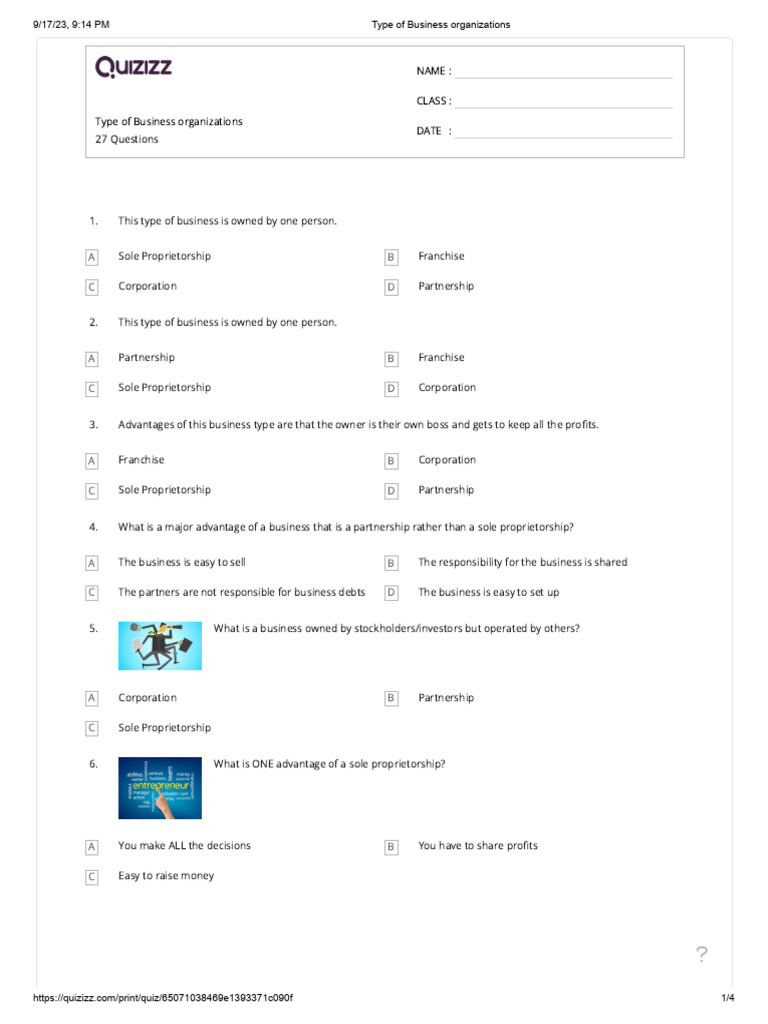 Types of Business Organizations Quiz | PDF | Partnership | Corporations