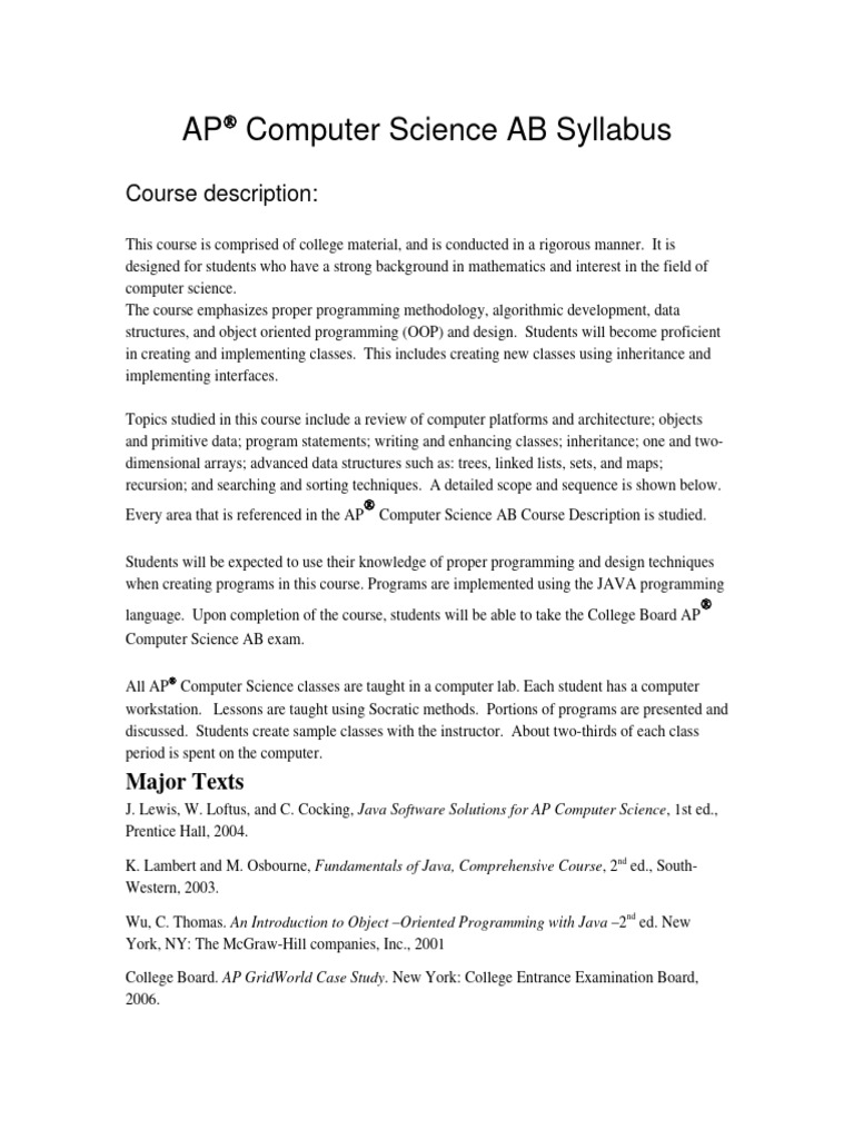 AP Computer Science Syllabus | PDF | Method (Computer Programming ... AP Computer Science Syllabus | PDF | Method (Computer Programming ...