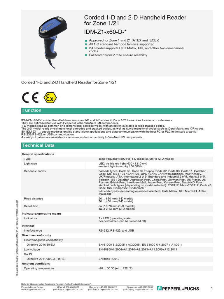 Corded 1-D and 2-D Handheld Reader For Zone 1/21 IDM-Z1-x60-D | PDF