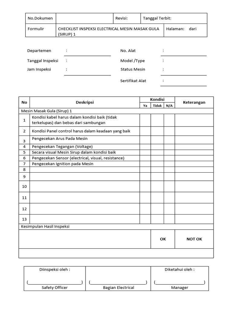 FORM CHECK LIST Inspeksi Mesin Mesin Will & Co | PDF | Teknologi & Rekayasa