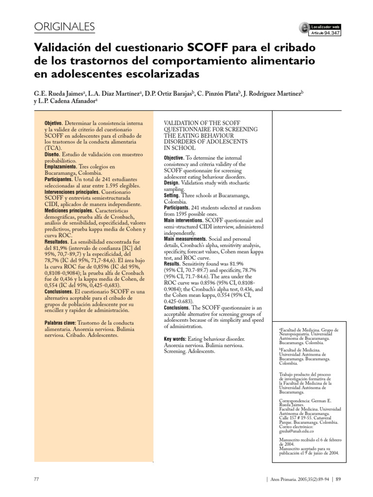 Validación Del Cuestionario SCOFF para El Cribado de Los Trastornos Del ...