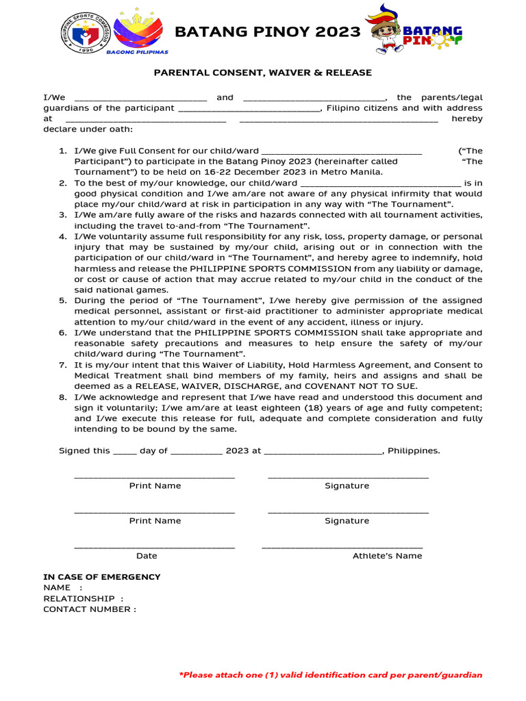 Batang Pinoy 2023 Parental Consent Form | PDF | Consent | Common Law