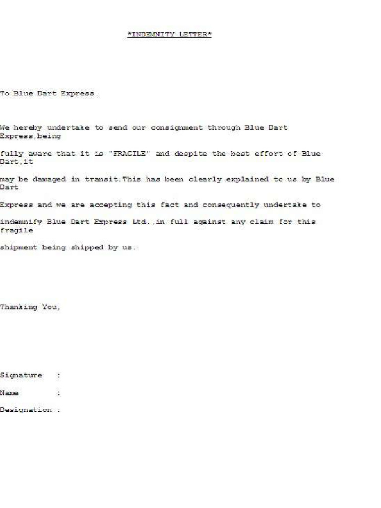 Indemnity Letter | PDF