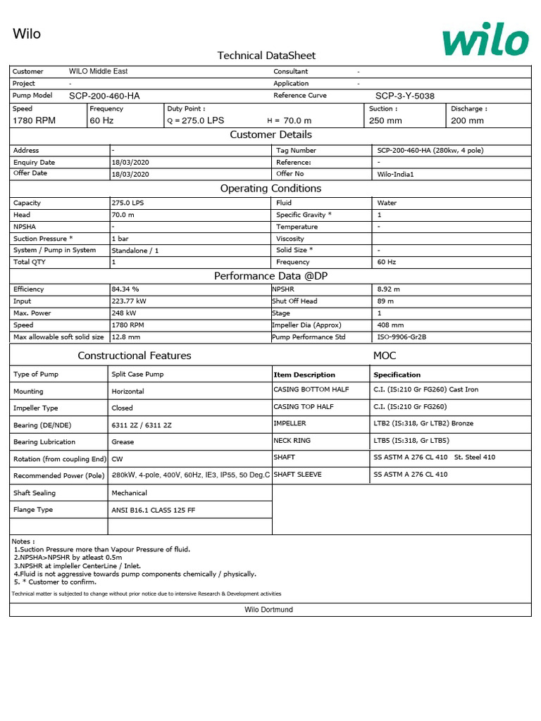 Wilo SCP-200-460-HA Pump Specifications | PDF | Pump | Soft Matter