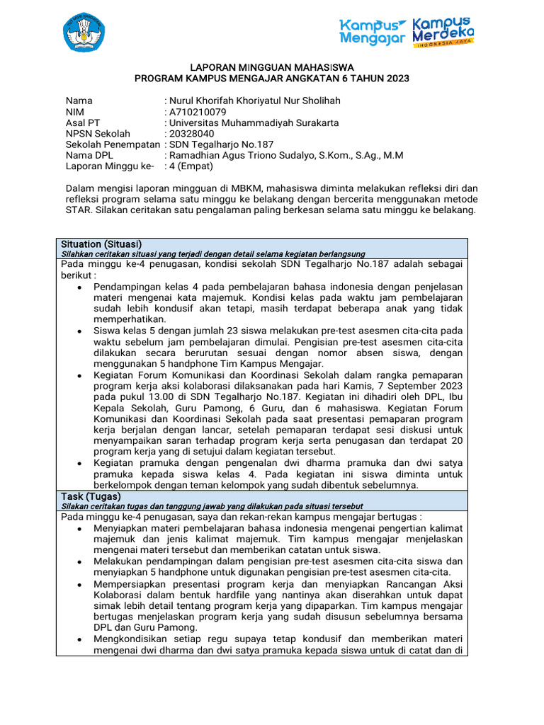 Laporan Minggu Ke-4 Nurul Khorifah | PDF | Karier & Perkembangan | Seni & Disiplin Bahasa