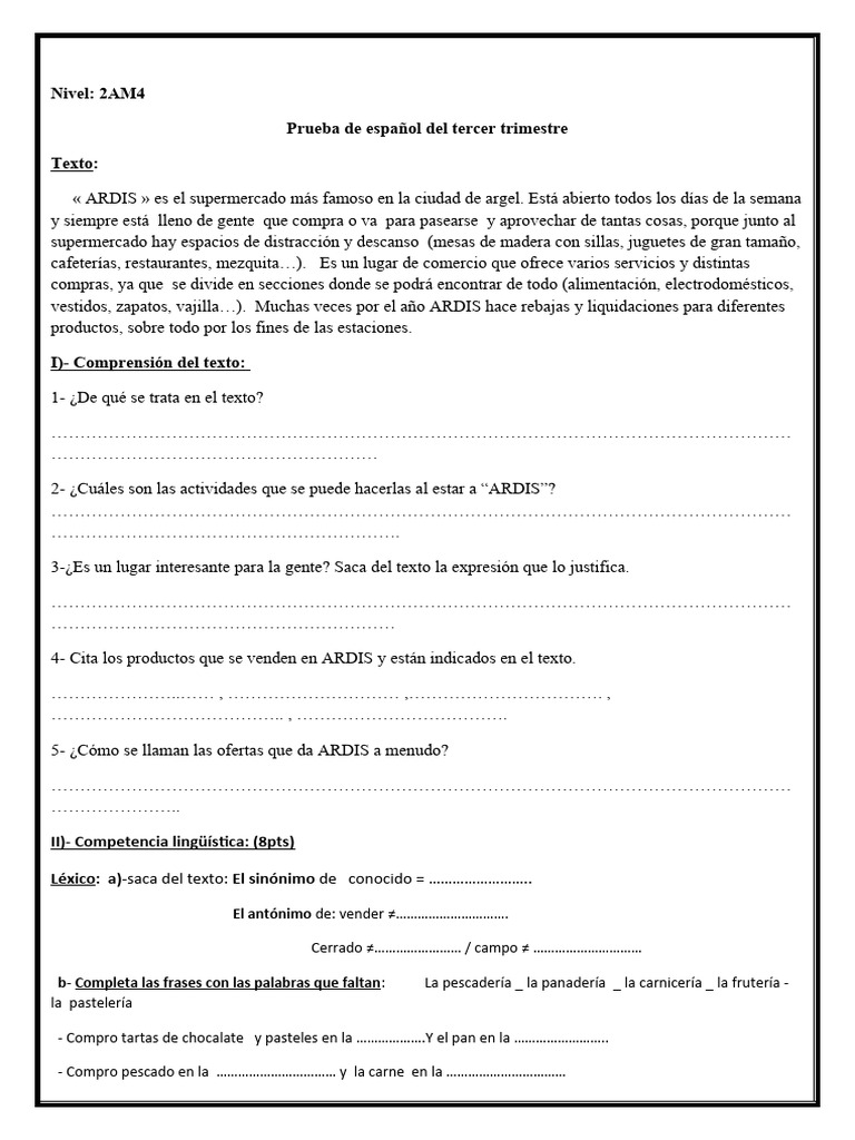 Prueba de español: Supermercado ARDIS | PDF