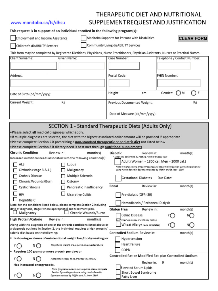 Therapeutic Diet & Supplement Request Form | PDF | Diabetes | Diet ...