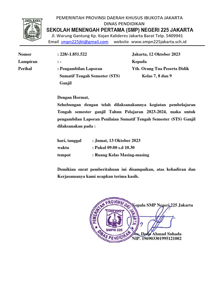 SURAT PEMBERITAHUAN PENGAMBILAN LAPORAN STS GANJIL | PDF