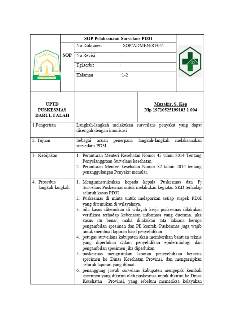 SOP Pelaksanaan Survelans PD31 | PDF