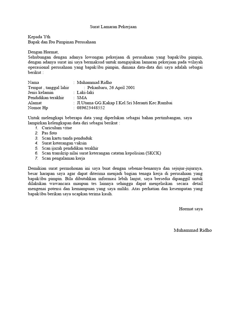 Surat Lamaran Kerja Muhammad Ridho | PDF