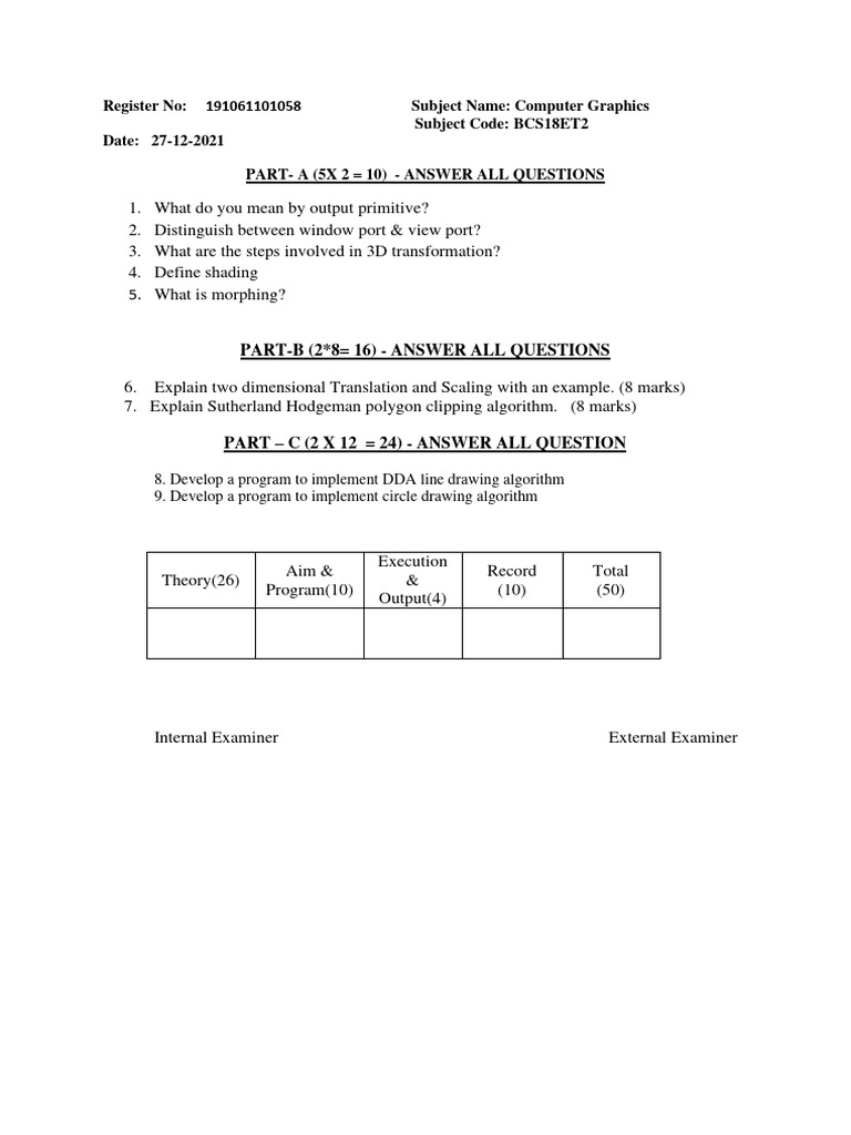 Computer Graphics Lab Question Paper | PDF