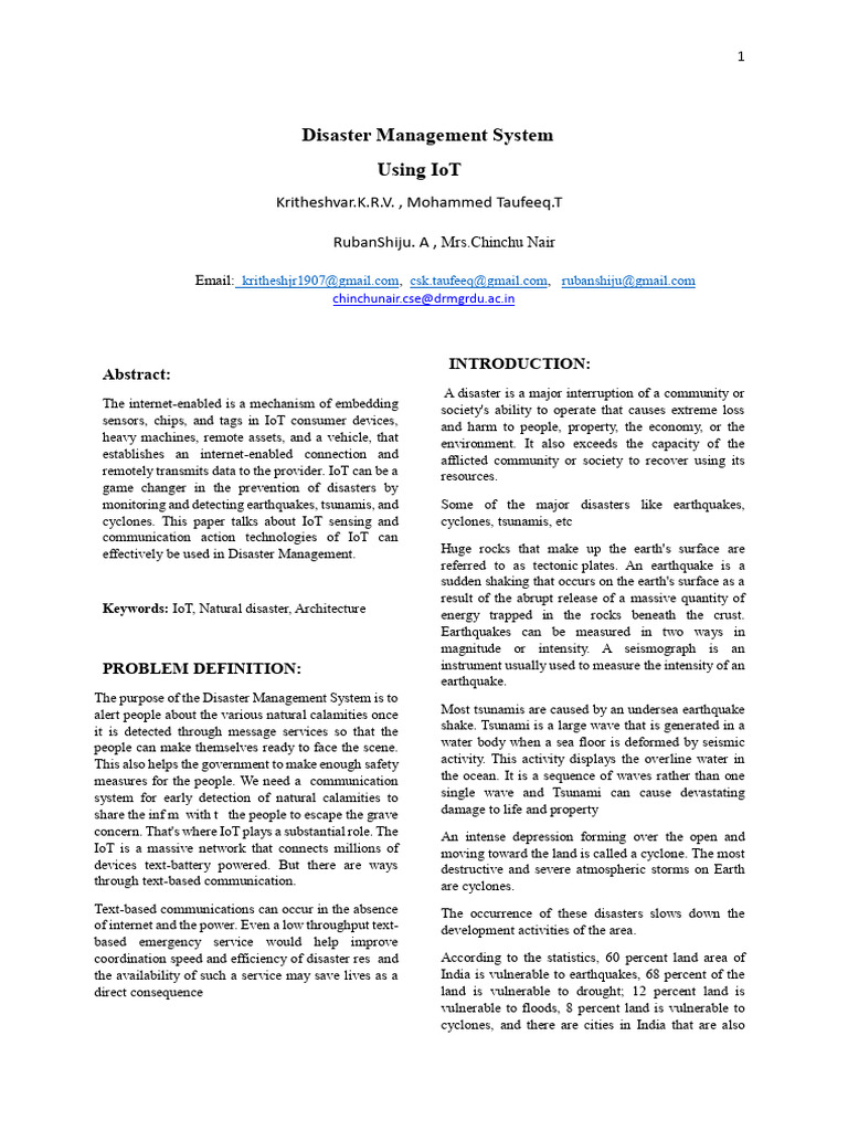 Disaster Management Using IoT.docx 1 | PDF | Internet Of Things ...