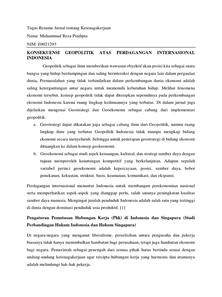 Muhammad Reza Pradipta - E0021293 - Resume Jurnal Ketenagakerjaan | PDF | Ilmu Sosial