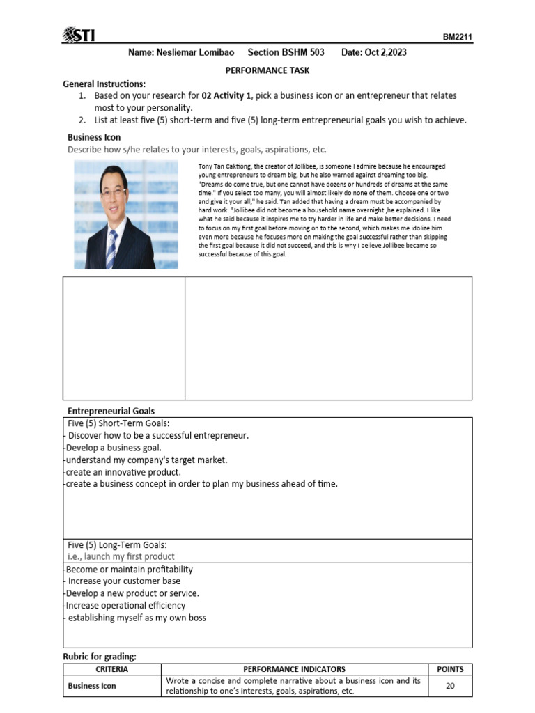 02 Performance Task 1 - ARG - Lomibaonesliemar | PDF | Goal | Entrepreneurship