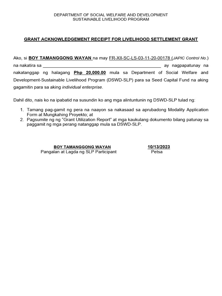 Annex 19-IRF. Grant Acknowledgement Receipt For SCF Individual Referral ...