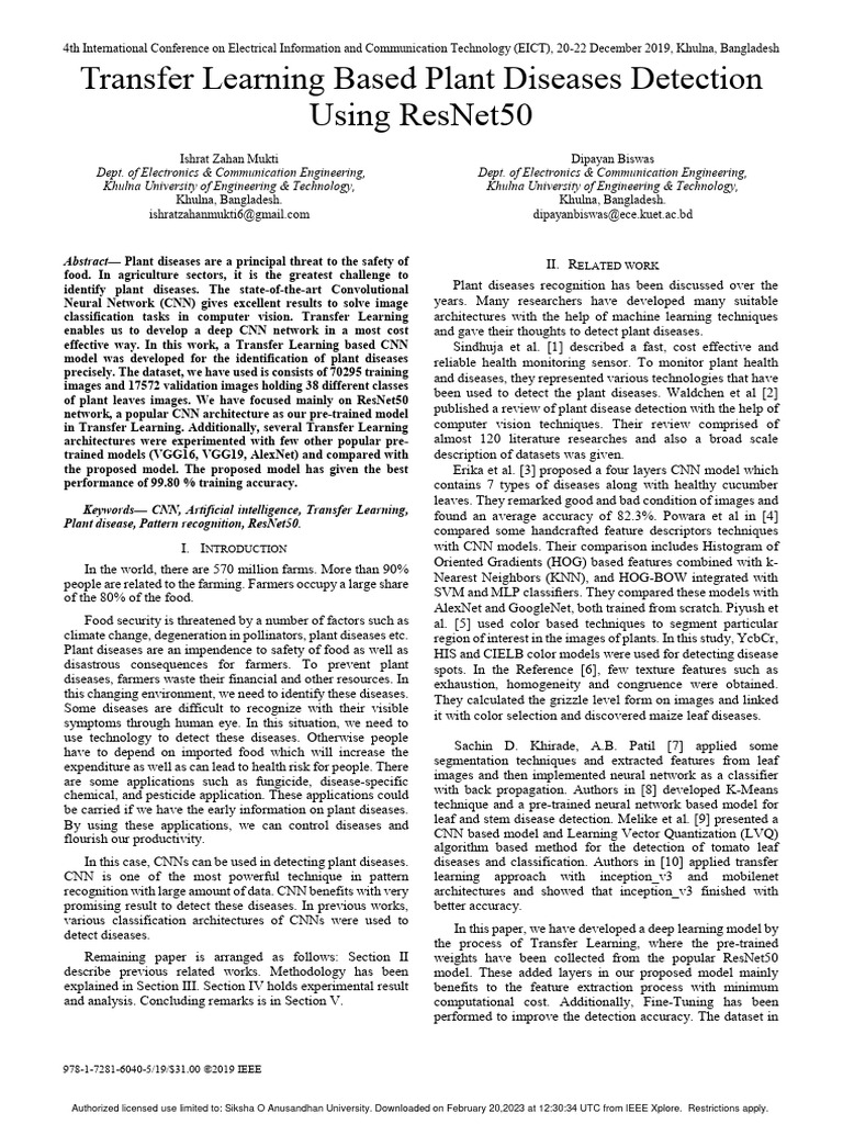 Transfer Learning Based Plant Diseases Detection Using ResNet50 | PDF ...