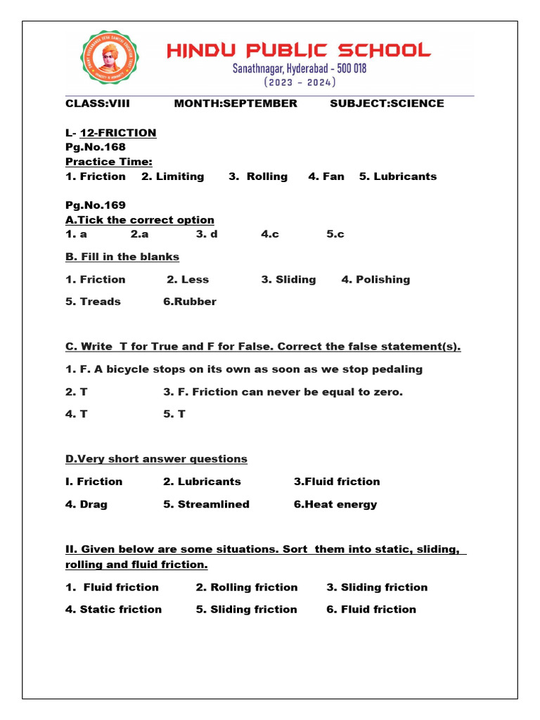 8th Science Notes Sep-L-12 Friction 2023-24 | PDF | Friction | Brake