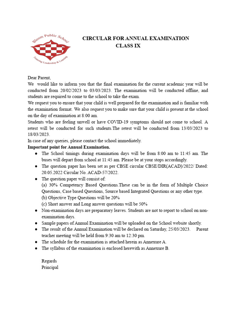 Circular For Annual Examination STD Ix | PDF | Geometry | Marketing
