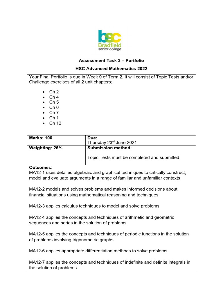 2022 Advanced Maths Assessment Notification - Portfolio | PDF