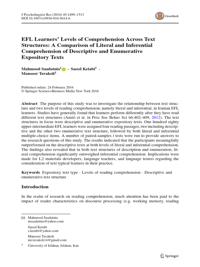 Literal and Inferential 2016 | PDF | Reading Comprehension | English As A Second Or Foreign Language