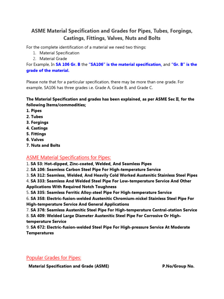 ASME Material Specification and Grades for Pipes | PDF