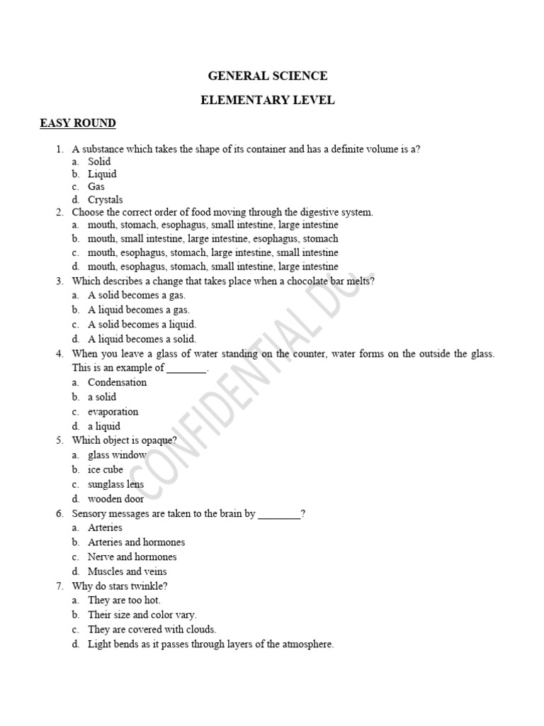 Elementary Science Quiz Questions | PDF | Water | Cell (Biology)