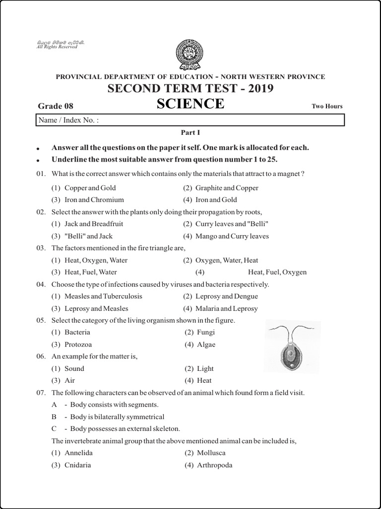 Grade 08 Science 2nd Term Test Paper 2019 English Medium - North ...