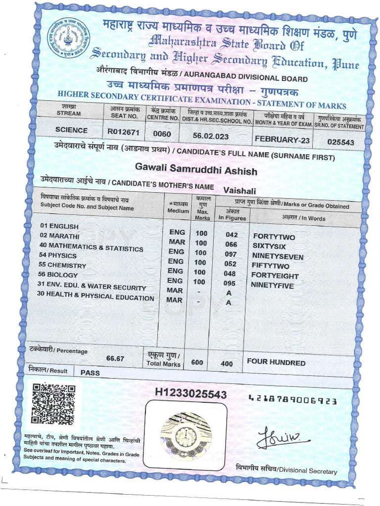 HSC Mark Sheet | PDF