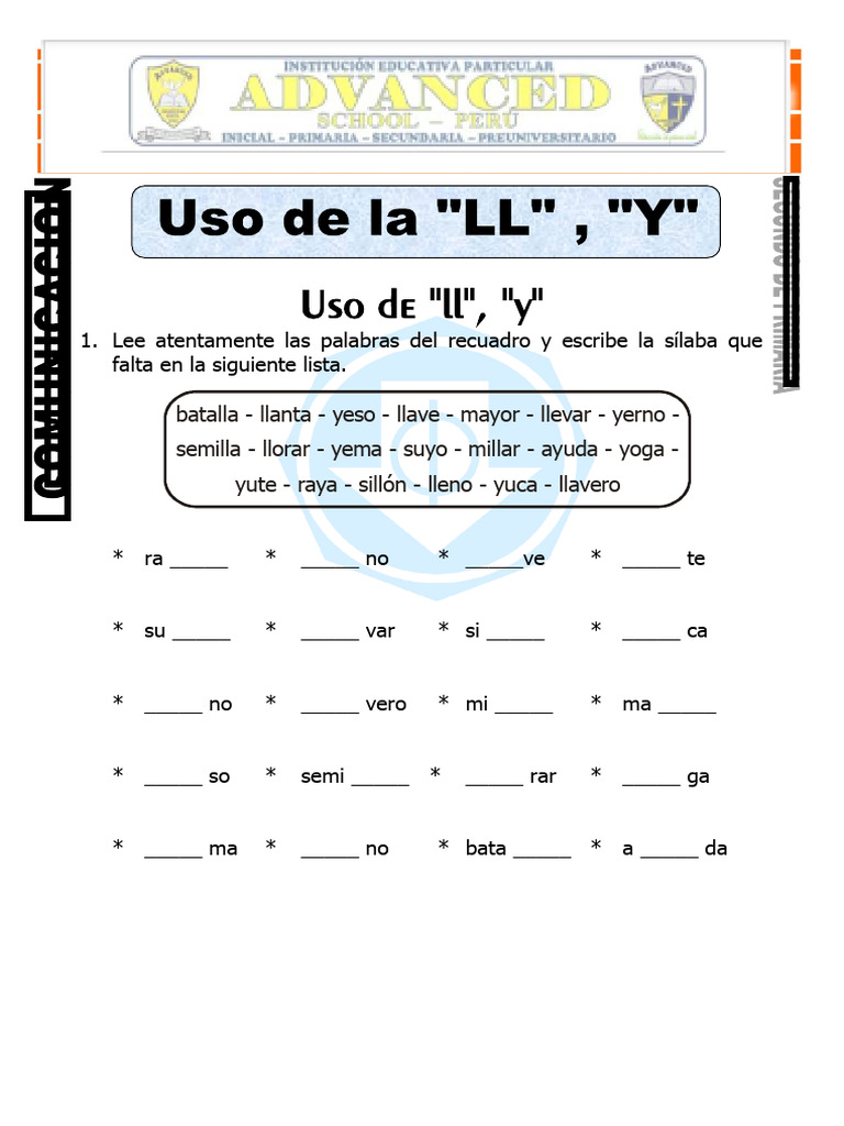 Ficha de Uso de La LL Y para Segundo de Primaria | PDF