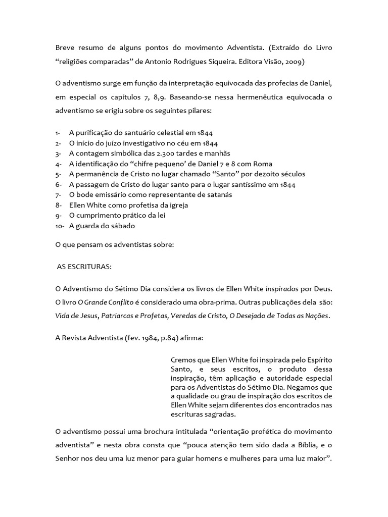 Resumo Adventista | PDF | Igreja Adventista do Sétimo Dia | Adventismo