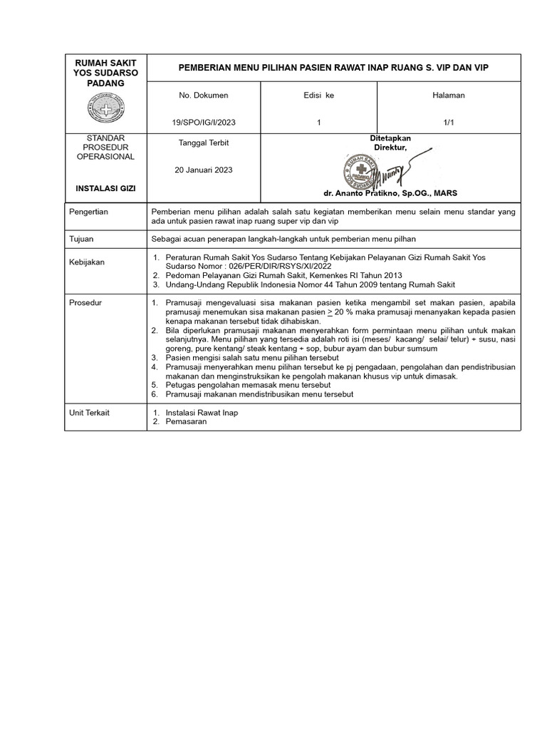 Pemberian Menu Pilihan Pasien Rawat Inap Ruang S.Vip Dan Vip | PDF