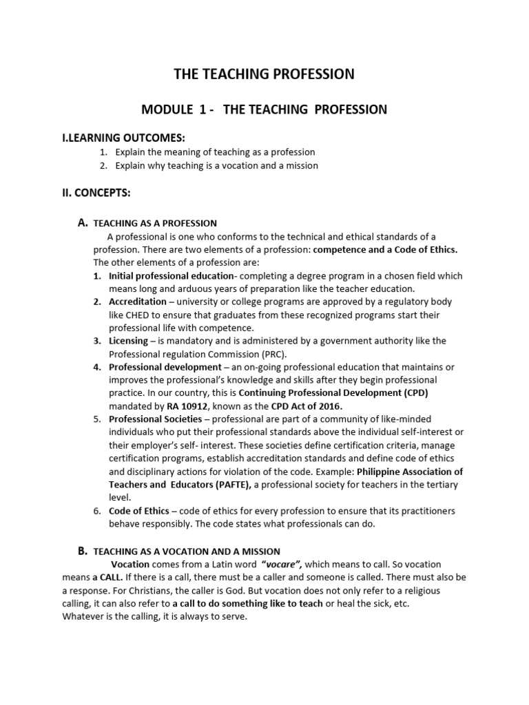 Module 1 - THE TEACHING PROFESSION | PDF | Profession | Professional ...