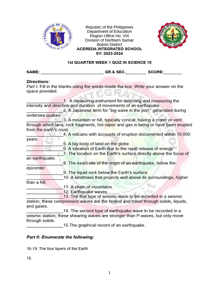 Science 10 Q1-W1 Quiz | PDF | Earthquakes | Volcano