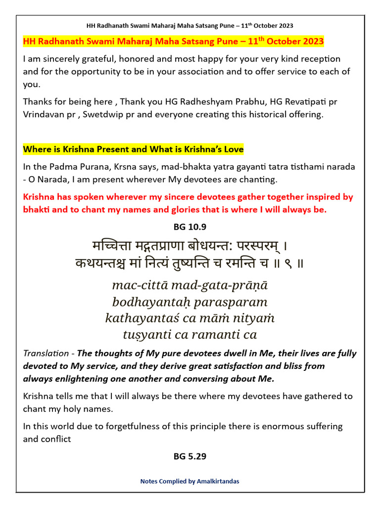 HH Radhanath Swami Maharaj MAhaSatsanga Lecture 11-10-2023[1] | PDF ...