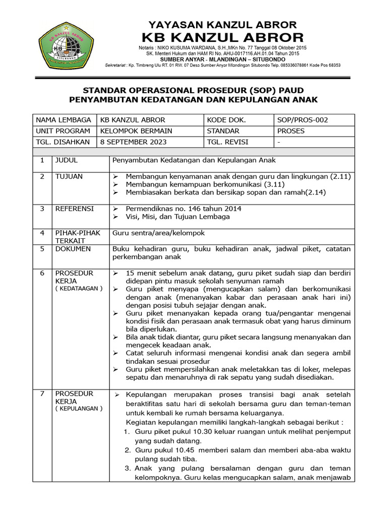 Sop Paud Penyambutan Kedatangan Anak | PDF | Karier & Perkembangan | Pengembangan Diri