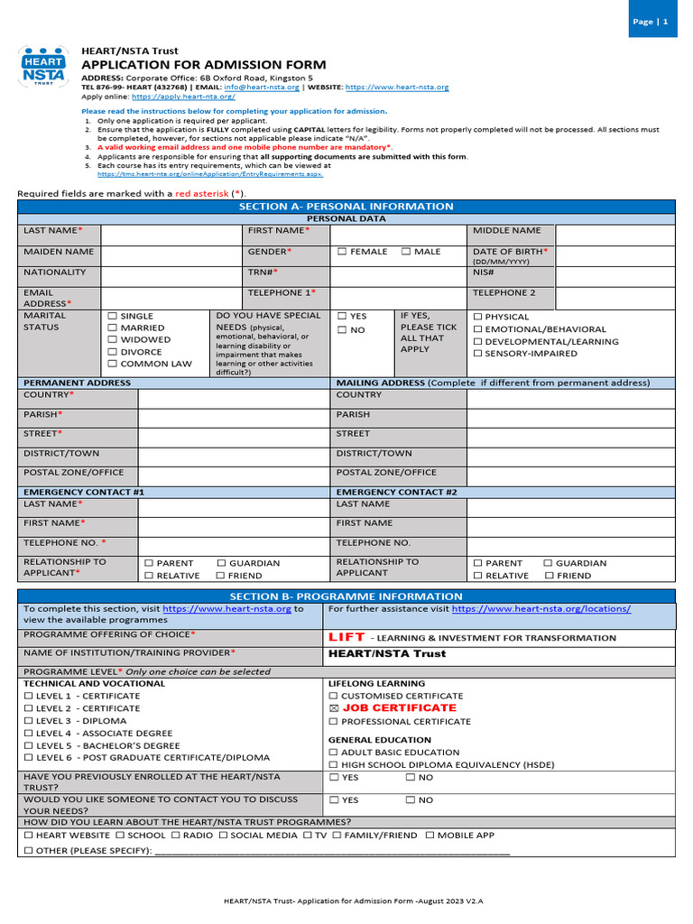 HEART Application For Admission Form | PDF