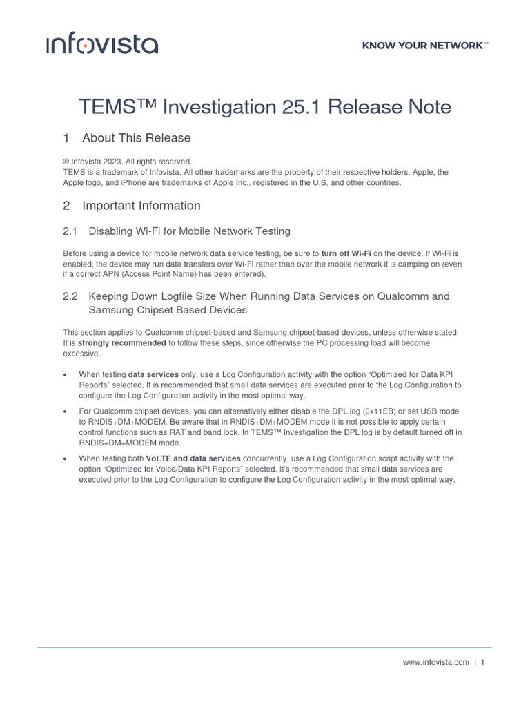 TEMS Investigation 25.1 - Release Note | PDF | High Speed Packet Access | Computer Network
