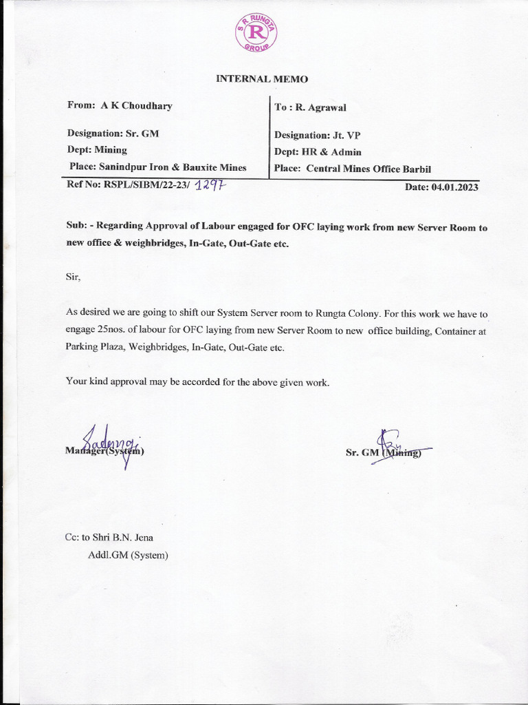 Labour Approval For Ofc Laying Server Room | PDF