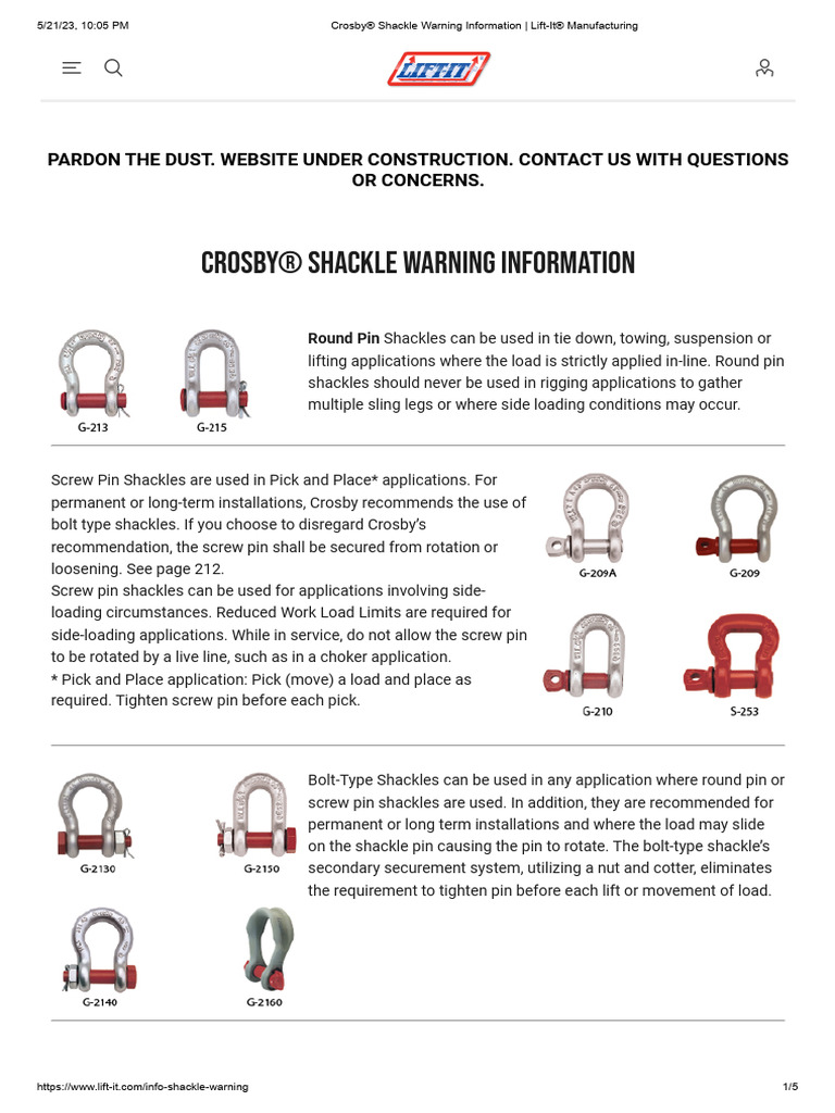 Crosby® Shackle Warning Information - Lift-It® Manufacturing | PDF ...
