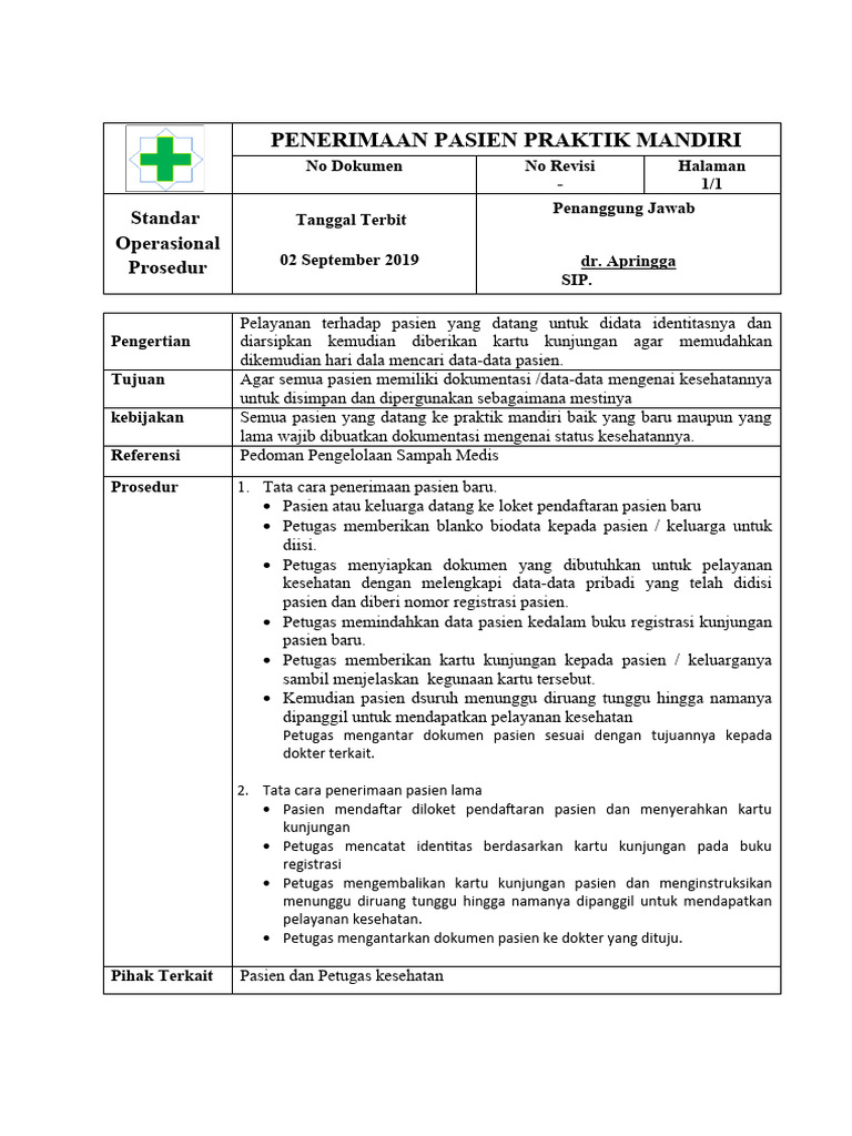 Sop Penerimaan Pasien Praktik Mandiri | PDF