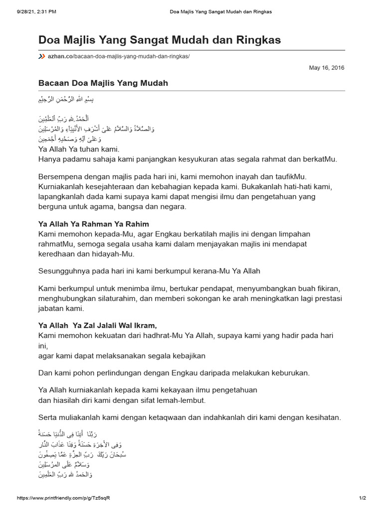 Doa Majlis Yang Sangat Mudah Dan Ringkas | PDF