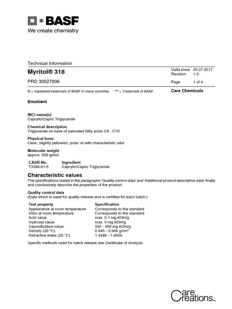 Myritol® 318 | PDF | Solubility | Physical Sciences