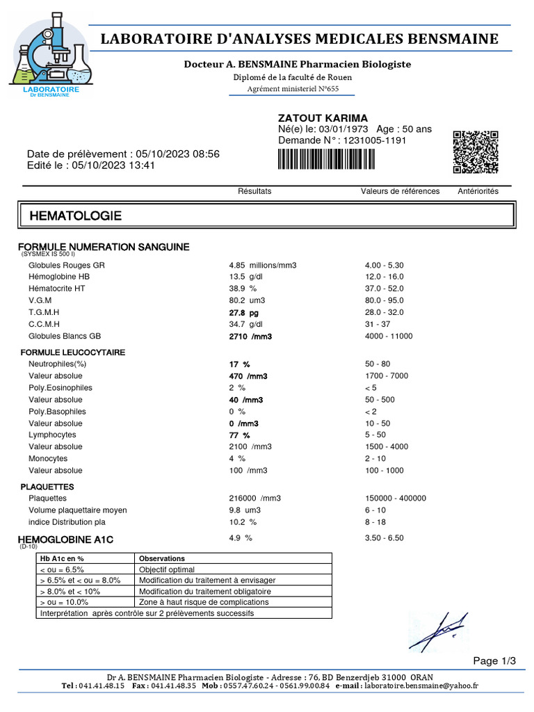 Laboratoire D'Analyses Medicales Bensmaine: Hematologie | PDF