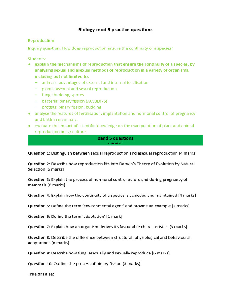 Biology Mod 5 Practice Questions | PDF | Reproduction | Luteinizing Hormone