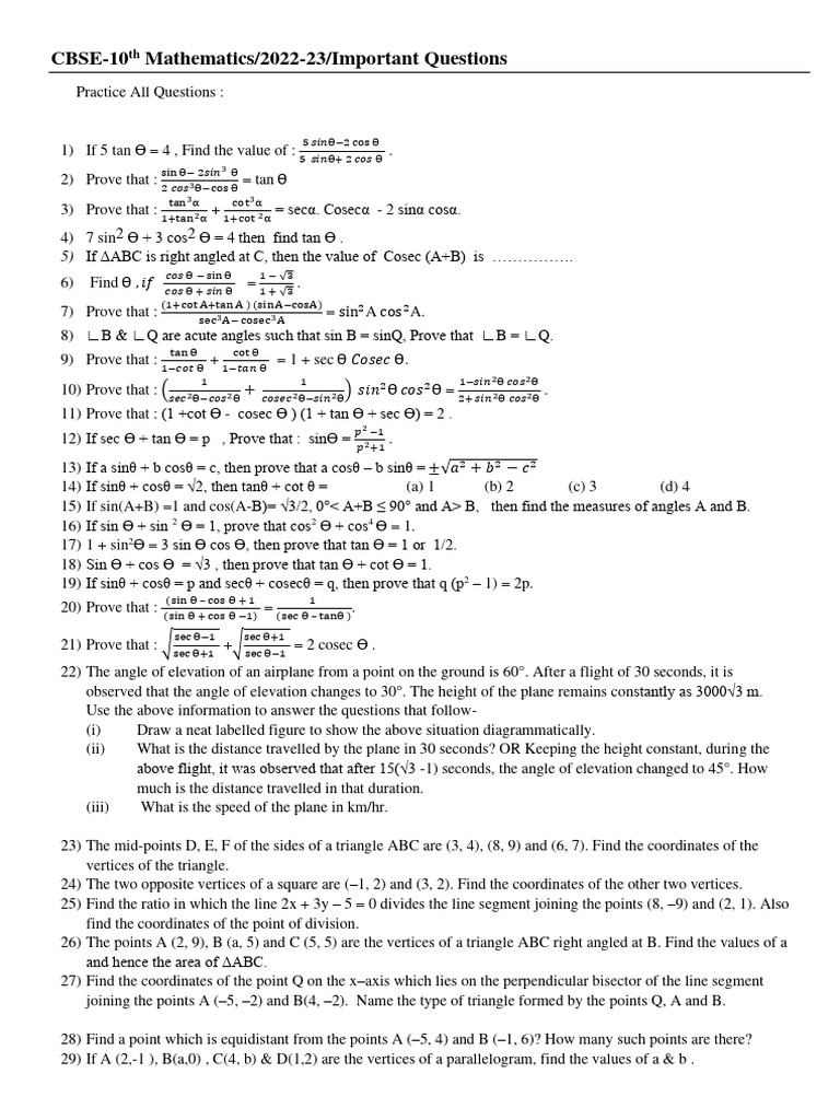 374010th CBSE Mathematics Important Questions | PDF