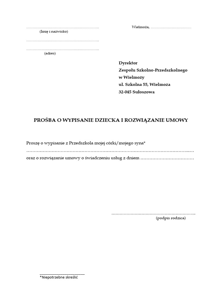 Wypisanie Dziecka I Rozwiazanie Umowy | PDF