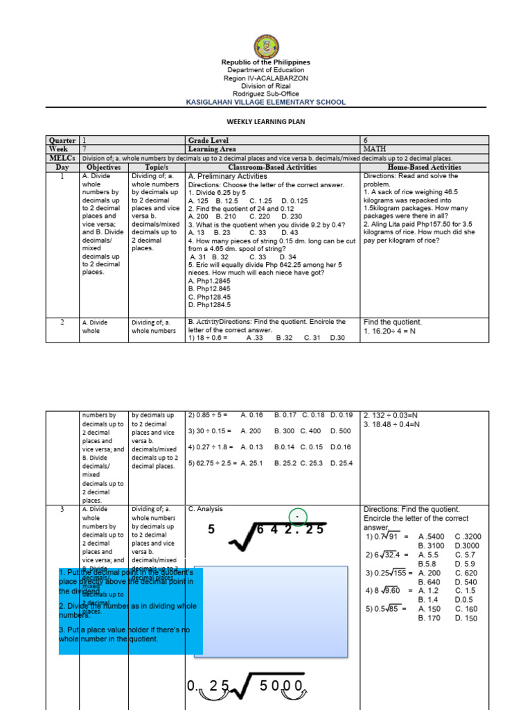 WLP Math Q1 W7 | PDF | Division (Mathematics) | Numbers