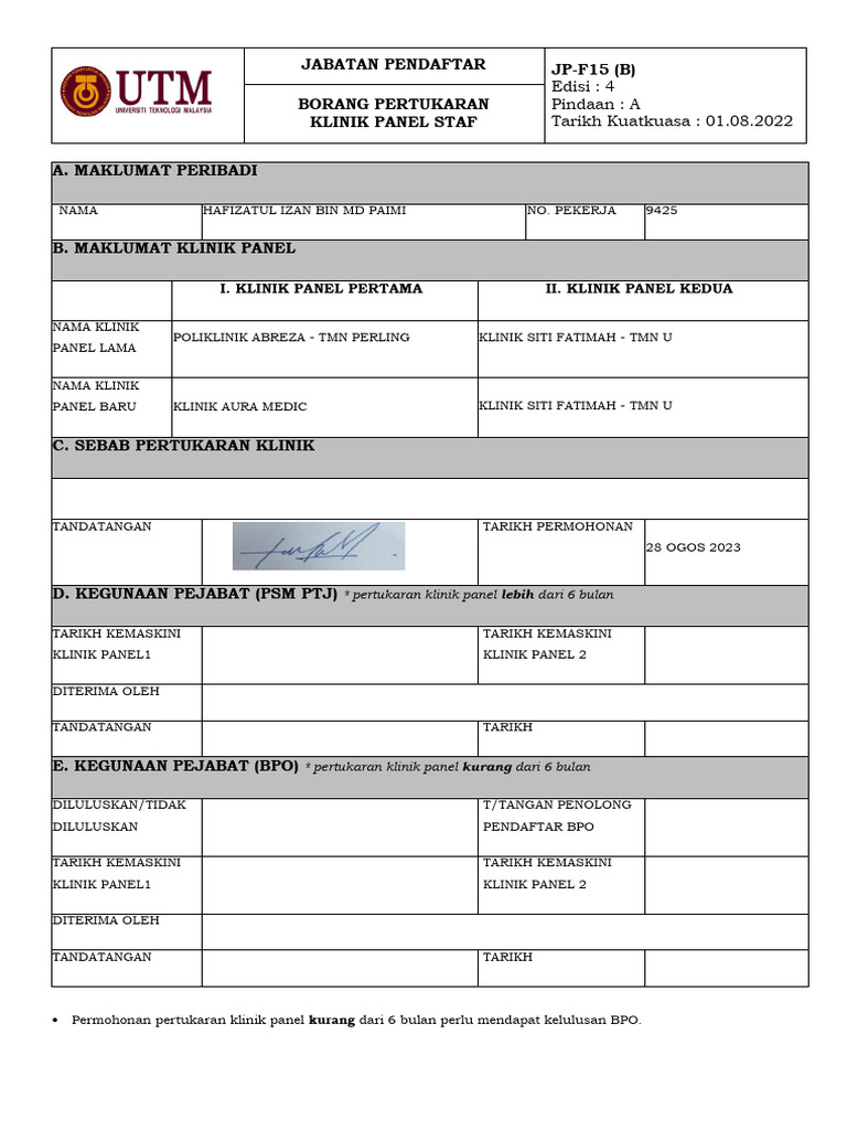 JP F15 Borang Pertukaran Klinik Panel-Edisi 4 | PDF
