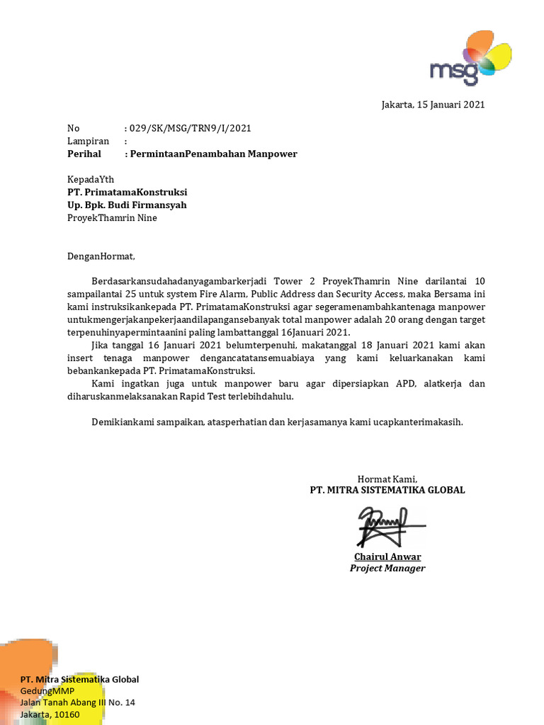 029 - Surat Permintaan Penambahan Manpower PT Primatama | PDF